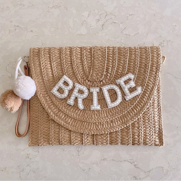 Bags | Bride Straw Bag Straw Clutch Bag Pearl Rhinestone Wedding Beach ...